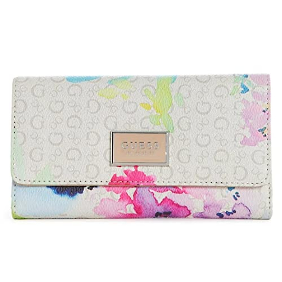 GUESS Women's Logo Floral Print Trifold Slim Wallet Clutch Bag - Cement