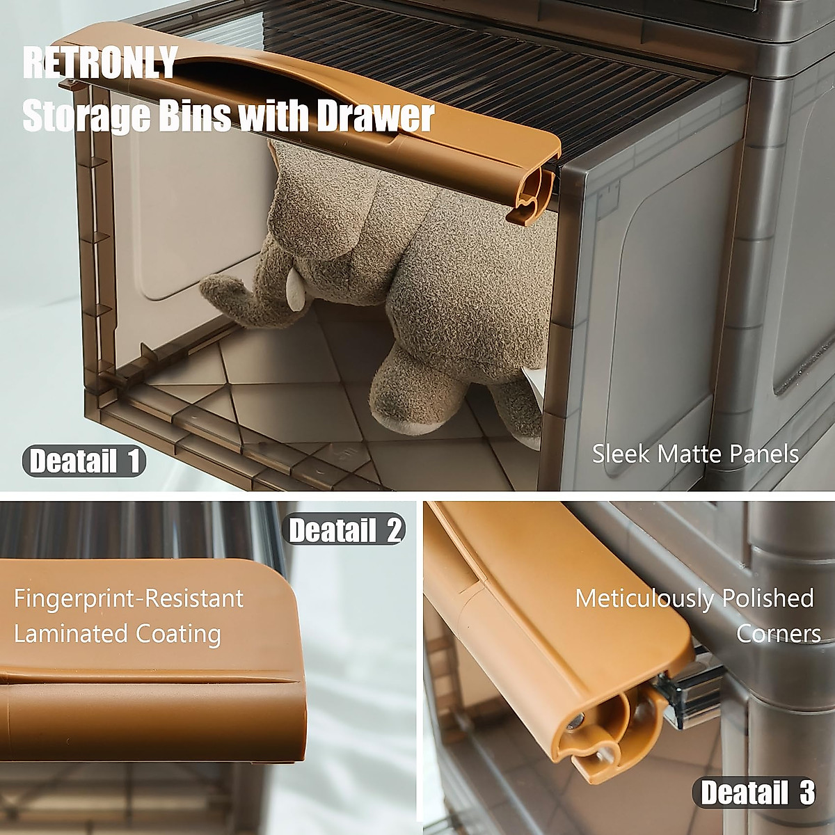 RETRONLY Stackable Storage Drawer Organizer - Plastic Storage Box with Flip Door, Storage Cabinet Drawer for Home, Storage Plastic Nightstand for Bedroom(Drawer, 3 Pack)