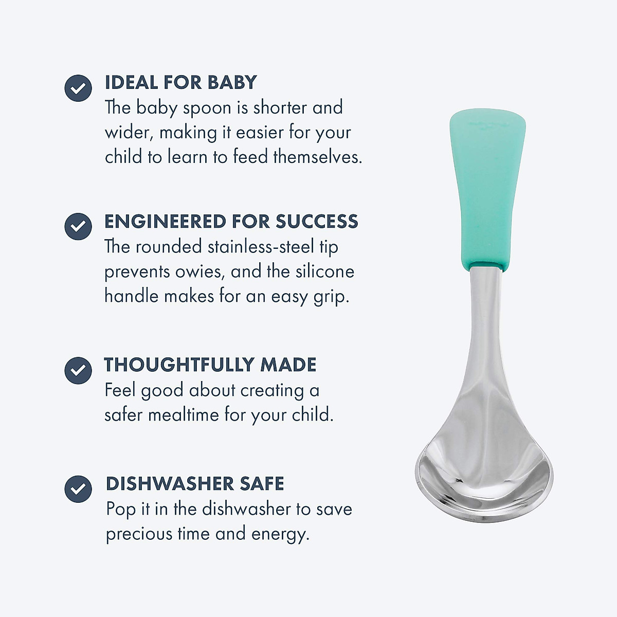 Avanchy Baby Spoons and Forks Stainless Steel and Silicone Set, Self Feeding Food Utensils, 4 Months Baby Led Weaning, 2 Pack, Green Spoon, Fork