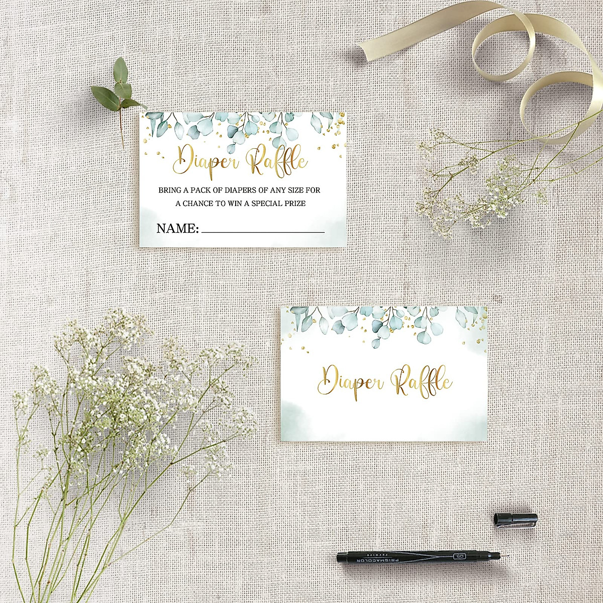 WideIdeal 51Pcs Diaper Raffle Sign, Baby Shower Game Diaper Raffle Card Box Party Decorations Game Kit (1 Raffle Box + 50 Cards) Neutral Greenery WI01