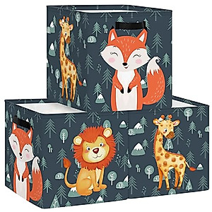 Clastyle 3 Pcs Animal Lion Kid Storage Cube Organizer Set Giraffe Fox Closet Clothes Cube Storage Bin Blue Nursery Toddler Toy Box Chest Raccoon Book Shelf Basket