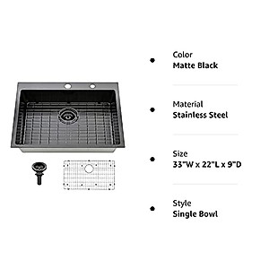 Friho 33"x 22" Inch 18 Gauge Commercial Large Topmount Drop in Single Bowl Basin Handmade SUS304 Stainless Steel Kitchen Sink, Black Kitchen Sinks with Basket Strainer and Dish Grid