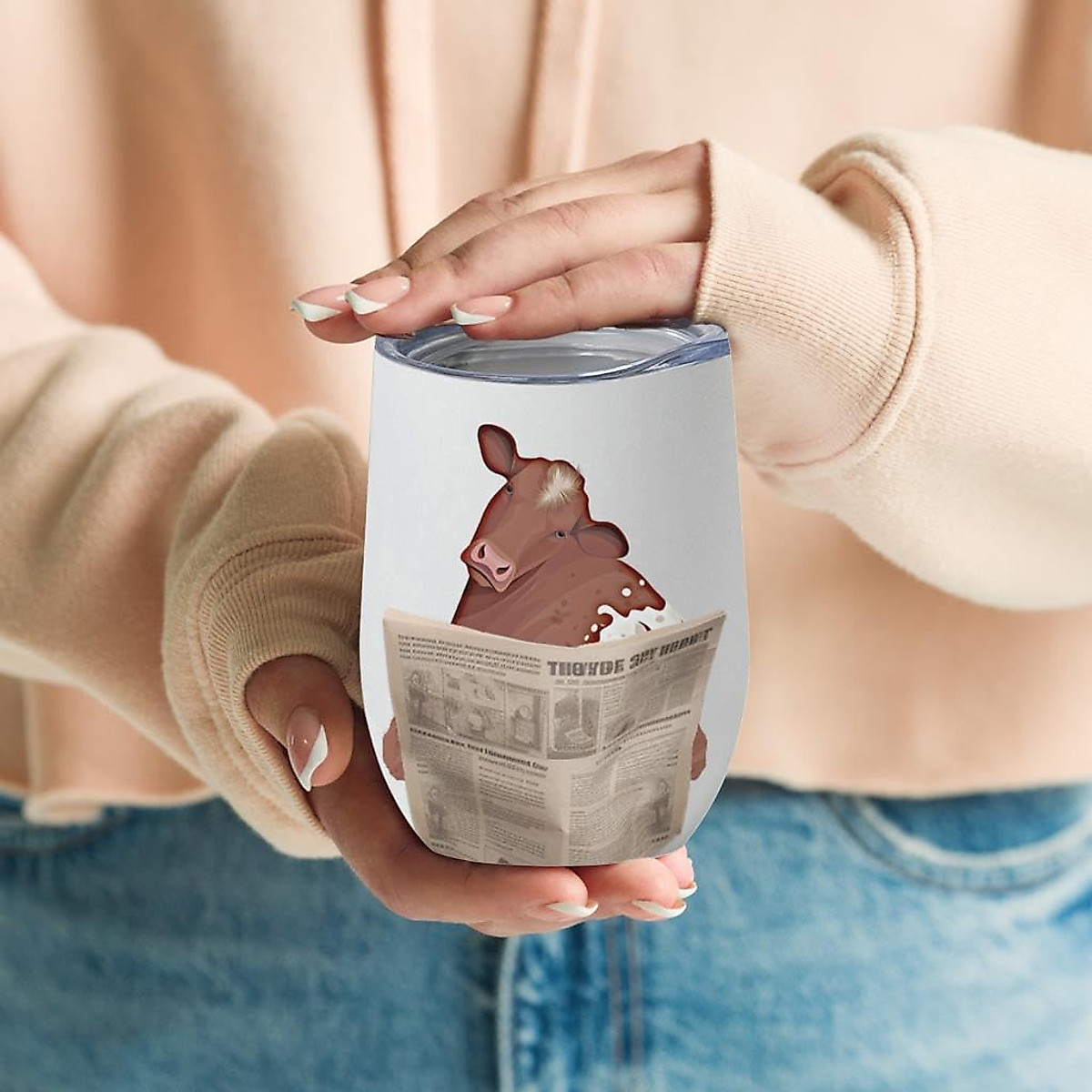 Shorthorn Cattle Cow Reading Newspaper Tumbler 12oz Stainless Steel Vacuum Insulated Wine Cup With Lid - Gifts for Cattle Lovers