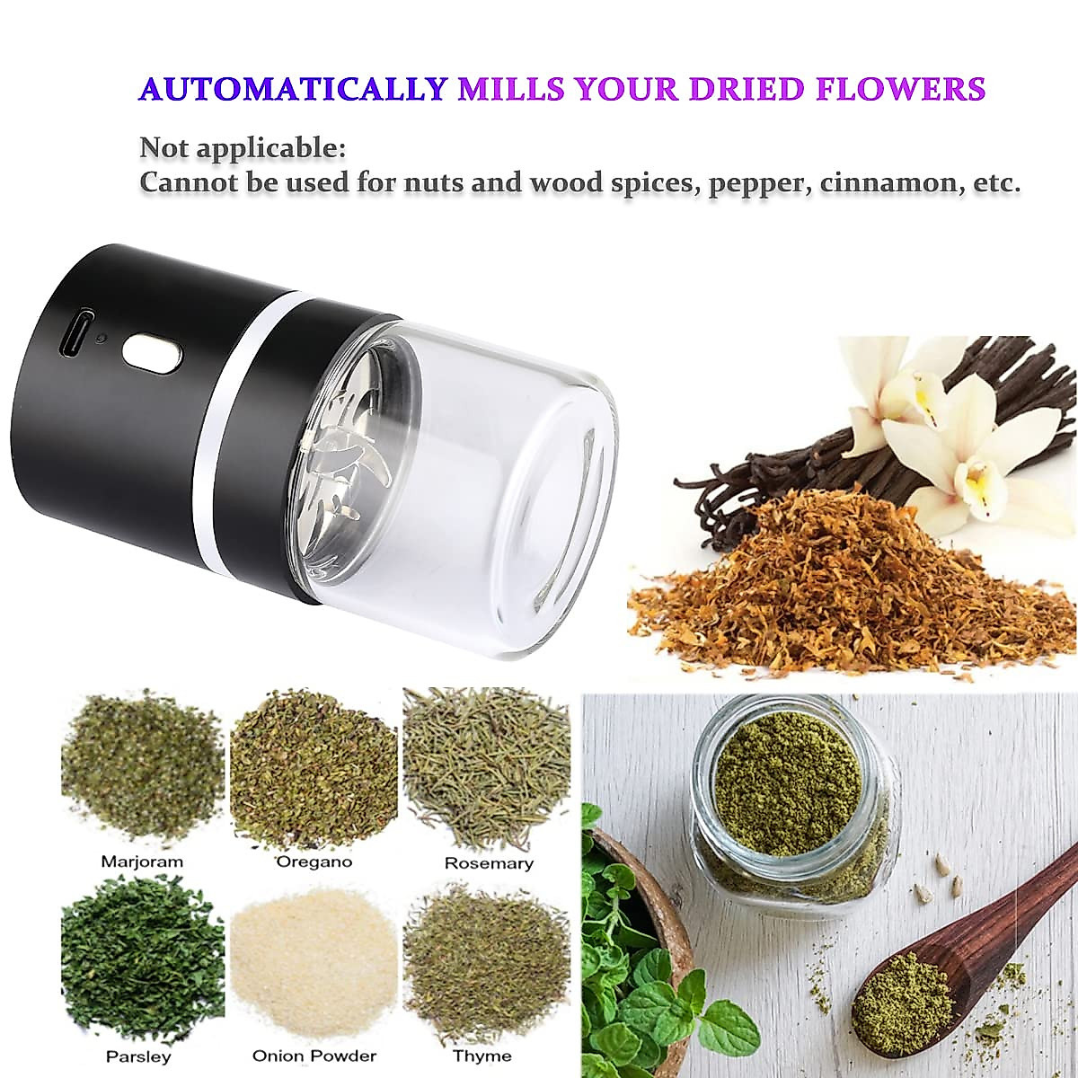 Spacenight Electric Herb Grinder, USB-Rechargeable, 1.7oz Glass Herb Chamber - Ideal for Everyday Carry