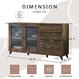 worldchoice Sideboard Buffet Cabinet 63" Wine Bar Cabinet with 4 Drawers & 2 Tempered Glass Doors Coffee Bar Cabinet Console Cabinet with Adjustable Shelf for Living Room Dining Room Kitchen, Brown