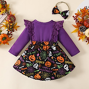 Guodeunh Newborn Baby Girl Halloween Outfits Ruffle Pumpkin Romper Tunic Drees Long Sleeve Skirt Set+Headband Fall Winter Clothes（Purple- Black,12-18 Months）