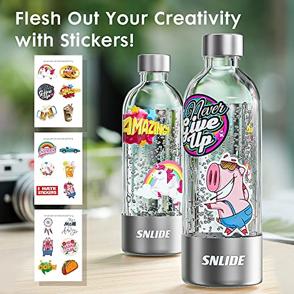 SNLIDE Soda Maker, Soda Water Machine with 1L BPA Free Pet Bottle & DIY Stickers, Easy to Operate, Sparkling Water Maker for Home, Compatible with Screw-in 60L CO2 Exchange Carbonator (NOT Included)