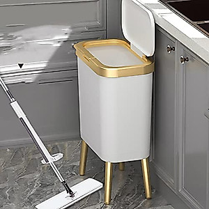 15L Bathroom Trash Can,Plastic Garbage Can with Push Button,Kitchen Trash Can with Lid, Large Capacity Slim Waste Basket with Legs for Kitchen, Home, Living Room, Toilet, Office (White)