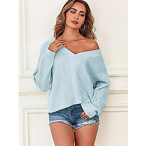 ZAFUL Oversized Sweaters for Women Sexy V Neck Long Sleeve Knit Sweater Loose Batwing Jumper Pullover Tops Blue S