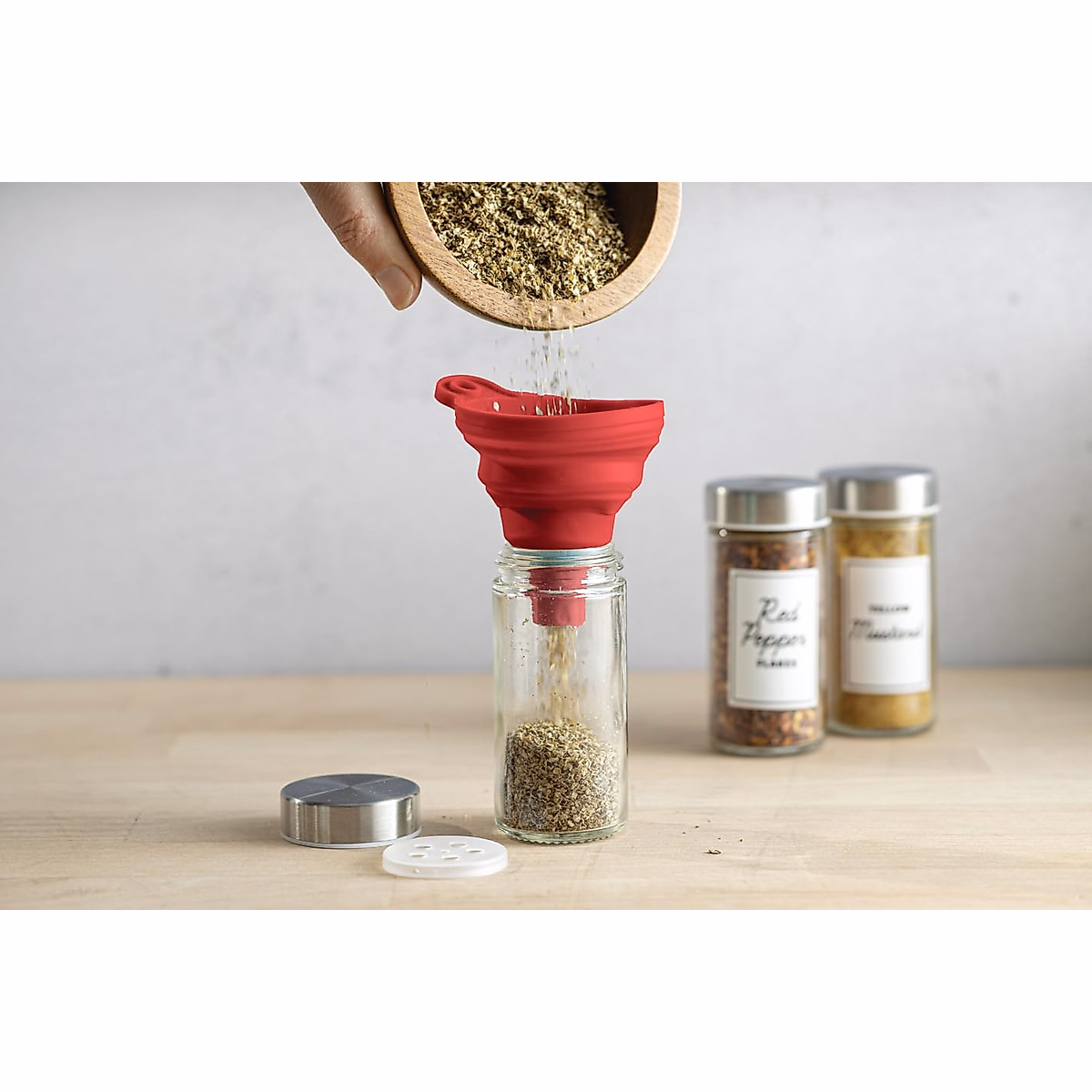 Orii 24 Glass Spice Jars with Stainless Steel Lids, 70 Spice Labels and Funnel, Seasoning Storage Bottles for Spice Rack, Cabinet, Drawer, Pantry