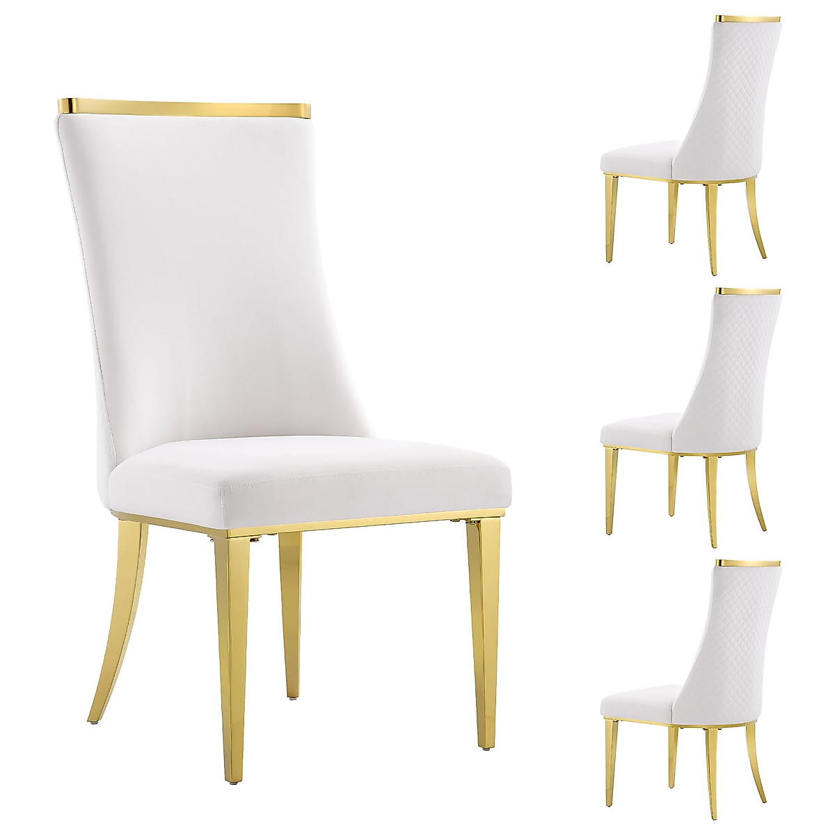 AZhome White and Gold Dining Chairs Set of 4, White Velvet Dining Room Chairs with Reticulate Texture Back and Metal Trim Top, Upholstered Chairs with Gold Stainless Steel Legs