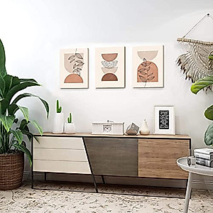 Minimalist Boho Wall Art Set of 3, Mid-Century Modern Wall Prints, Framed Neutral Abstract Geometric Prints Moon Botanical Artwork Paintings Posters Large Boho Wall Decor Ready To Hang for Bathroom Bedroom Living Room Boho Room Decor (12"x16")