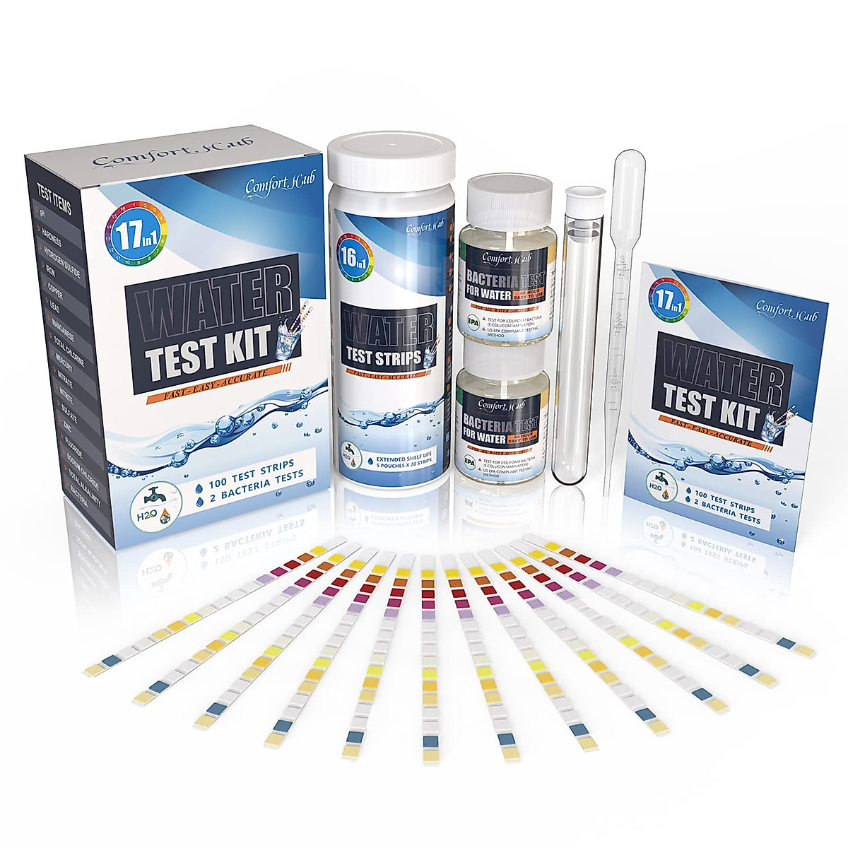 17 in 1 Water Testing Kits for Drinking Water - Water Test Kit - Tap Well Home Water Quality Test - 100 Strips + 2 Bacteria Tests - Easy Testing for pH Lead Hardness Iron Copper E.coli and More!