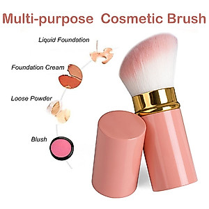 RN BEAUTY Retractable Kabuki Brushes Foundation Brush Powder Brush Blush Brush Extensible Makeup Brush Face Blender Brush Professional Mineral Blending Buffing Concealer Brush Aluminum Case Portable With Cover (Angled Top, Pink)