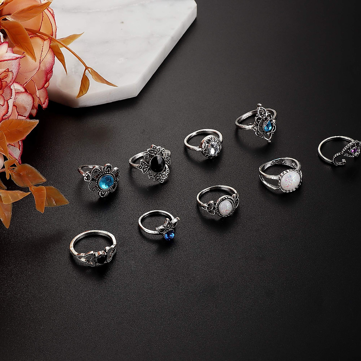 LOYALLOOK 132PCS Bohemia Knuckle Ring Set Women Hollow Silver Fashion Finger Rings Vintage Stackable Knuckle Midi Rings Set, Boho