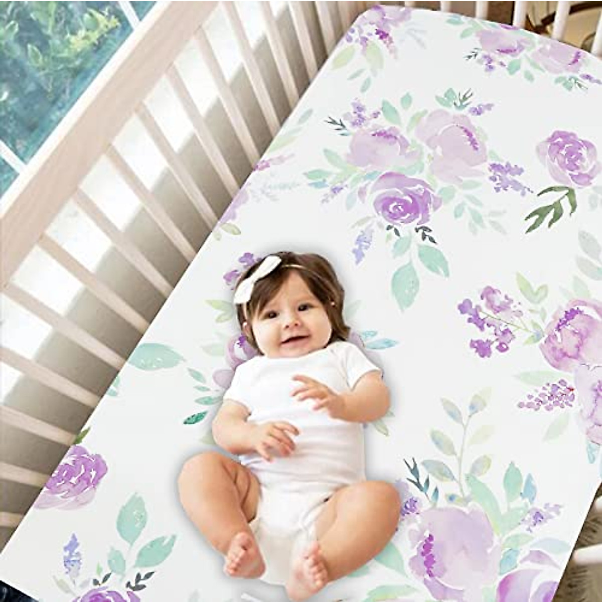 TANOFAR 4 Piece Crib Bedding Set for Girls, Baby Nursery Crib Bedding Set, Purple Flower Crib Skirt, Quilt, Crib Sheet and Diaper Stacke,Crib Bedding Set for Girls (Purple Flower)