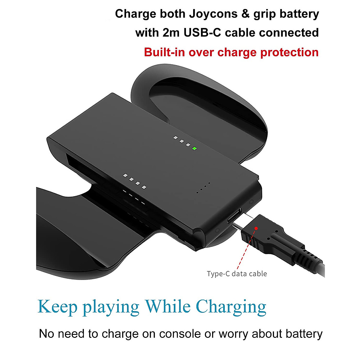 Kinvoca Charging Grip with 2000mAh Battery, 2-in-1 Comfort Grip for Nintendo Switch Controller, Controller Charger with 32in USB-C Cable, Power & Charge Indicators, Overcharge Protection