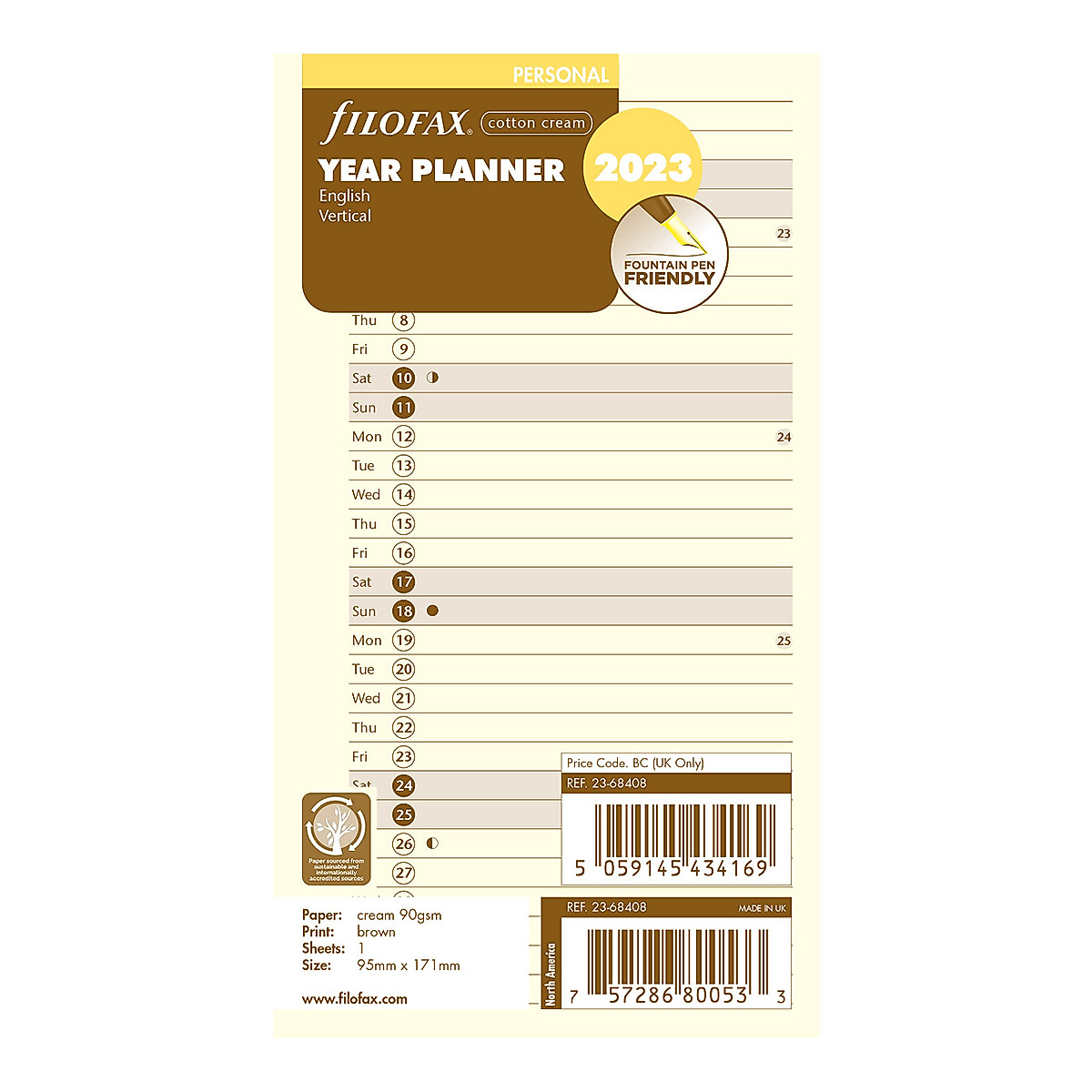 Filofax Refill, Personal/Compact Size, Vertical Year Planner, Cotton Cream Paper, English, 2023 (C68408-23) (68408-2018)