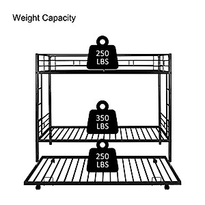 HICOMILA Metal Bunk Bed with Trundle, Twin Over Twin Bunk Bed for Kids, Teens, Adults, Can be Separate into Two Individual Twin Beds, Black