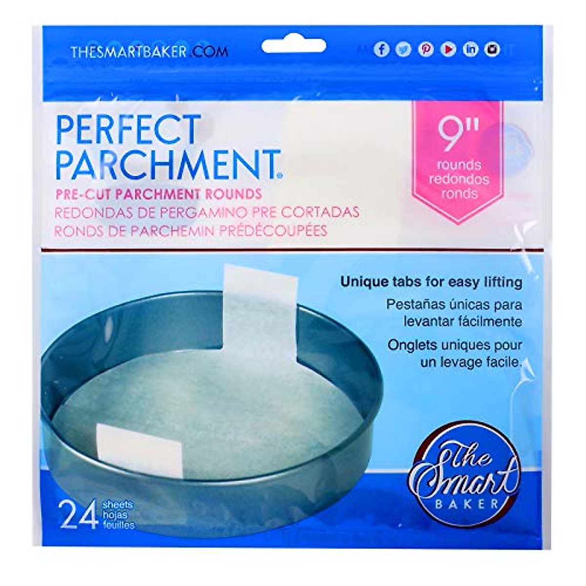 The Smart Baker - Perfect Parchment Paper - 9 inch Round Cake Pan Liner with Lift Tab. 24 Pre-Cut Baking Sheets. Greaseproof Non-Stick Baking Paper