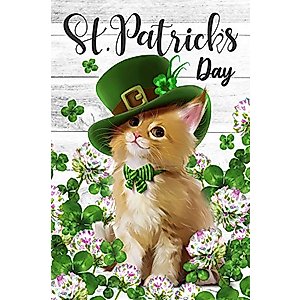 Texupday Happy St. Patrick's Day Cute Cat Kitty with Hat Clover Shamrock Floral Decoration Garden Flag Outdoor Yard Flag 12" x 18"
