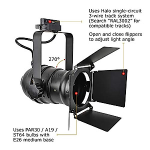 J.LUMI TRK9000 Theater Track Lighting Head, Stage Light with Barn Door Flippers, Black Frost Paint Finish, Vintage Modern Industrial, Uses PAR30, A19 or ST64 Bulb with E26 Base (Bulb not Included)