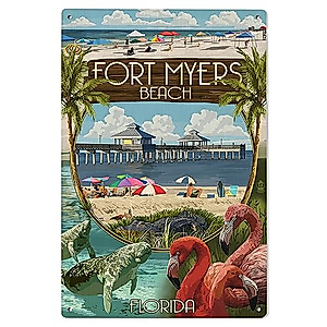 Lantern Press 6x9 Inch Wood Sign, Ready to Hang Wall Decor, Fort Myers, Florida, Montage Scenes