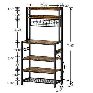 HHETOGOL Carbon Steel Bakers Racks for Kitchens with Storage, Bakers Rack with Power Outlet, Coffee Bar, Kitchen Storage Rack with 10 S-Hooks, Kitchen Shelves for Spices, HPJ01B