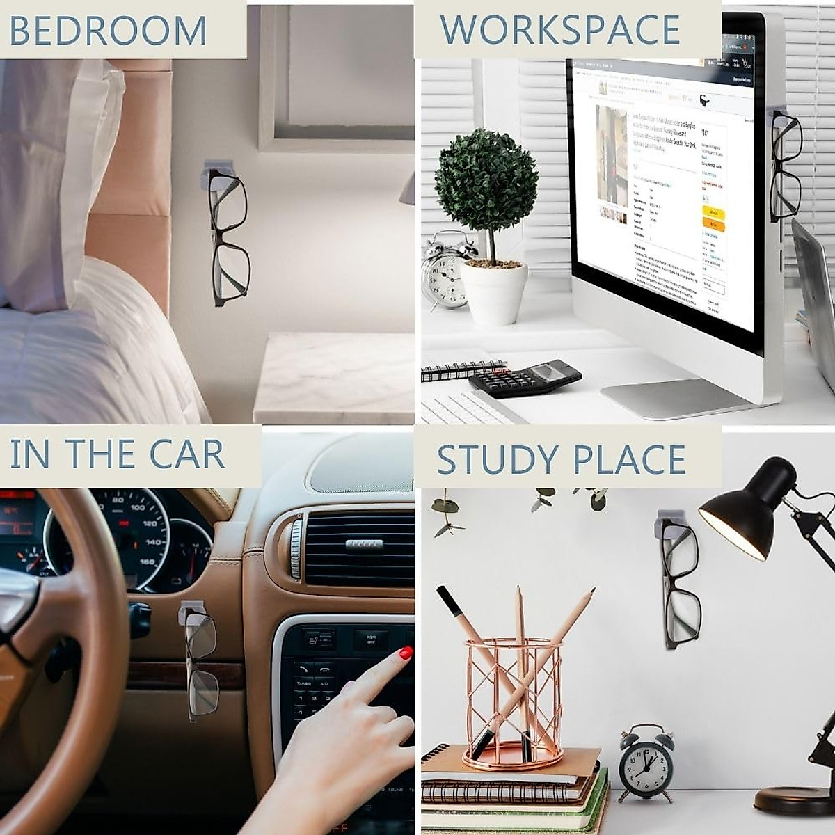 Gearu Glasses Keep - 8 Pack Glasses Holder and Eyeglass Holder for Protective Eyewear, Reading Glasses and Sunglasses. Adhesive Eyeglasses Holder Great for Your Desk, Nightstand, Car, and Workshop.