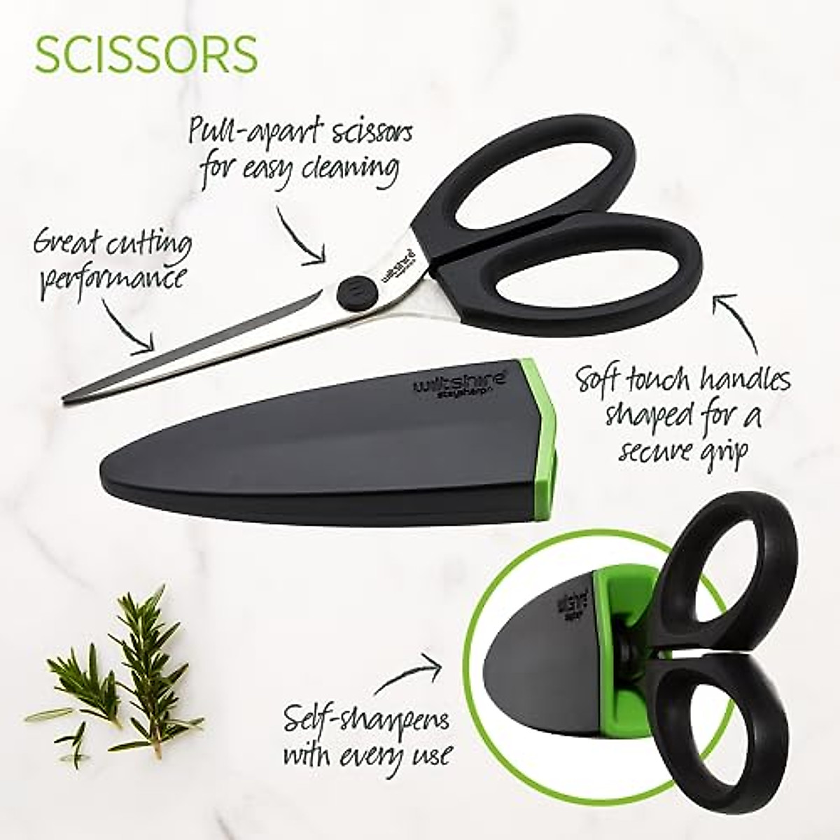 Wiltshire Staysharp Scissors, Kitchen Scissors with Built-in Sharpener, Sharp at All Times, Slim Design Scabbard, Pull-Apart, Soft Touch Handles for Easy Cleaning, Black, 10-Year Guarantee