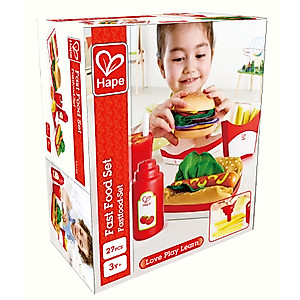 Hape Fast Food Set |Wooden Diner Fast Food Toy Set, Classic American Meal for Pretend Play Includes Burger, French Fries, Hotdogs & Cola