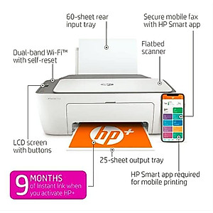 HP DeskJet 2723e All-in-One Wireless Color Inkjet Printer，Print Scan Copy - LCD Display, 4800 x 1200 dpi, 9 Months Free Instant Ink WiFi, Bluetooth, W/Silmarils Printer Cable Media Size