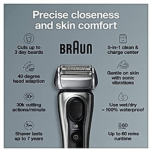 Braun Electric Razor for Men, Series 8 8467cc Electric Foil Shaver with Precision Beard Trimmer, Cleaning & Charging SmartCare Center, Galvano Silver