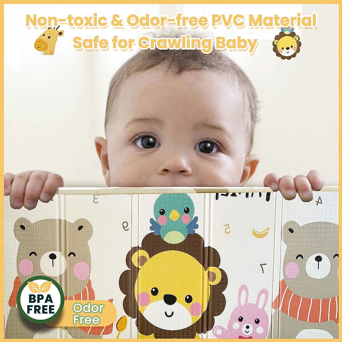 Baby Play Mat, Extra Large Folding Baby Crawling Mat, Waterproof Reversible Playmat Foam Non Toxic Anti-Slip Portable Kids Play Mat for Infant, Toddler (Animal World, 70in*78in*0.4in)