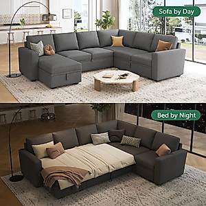 HONBAY Modular Sectional Sleeper Sofa with Pull Out Bed, U Shaped Sectional Couch with Storage Ottoman Convertible 7-Seater Sofa, Dark Grey
