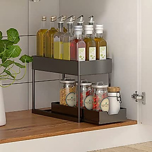 Under Kitchen Sink Organizers,2 layer black multi-purpose sink below tissue and bathroom kitchen storage,includes 4 hooks for 1 hanging cup, bottom with handle for slide out basket