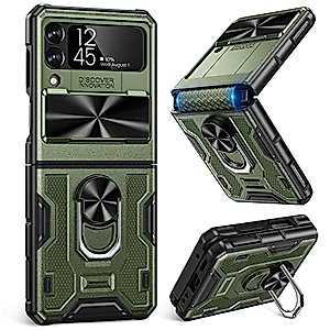 Caka for Galaxy Z Flip 3 Case, Z Flip 3 Case with Camera Cover, Hinge Protection& Kickstand with Built-in 360°Rotate Ring Stand Magnetic Protective Phone Case for Samsung Galaxy Z Flip 3 -Green