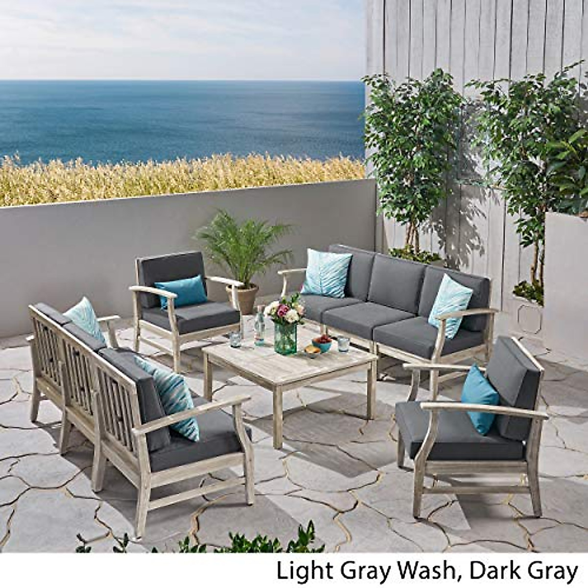 Great Deal Furniture Lorelei Outdoor 9 Piece Acacia Wood Sofa Conversational Set, Light Gray and Dark Gray