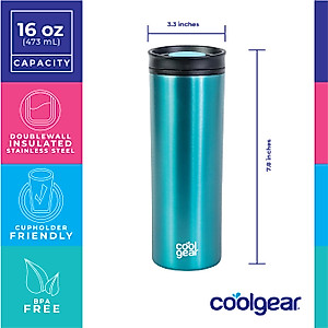 COOL GEAR 2 Pack 16 oz Amelia Coffee Travel Mug with Spill Resistant Slider Lid - Pink/Teal