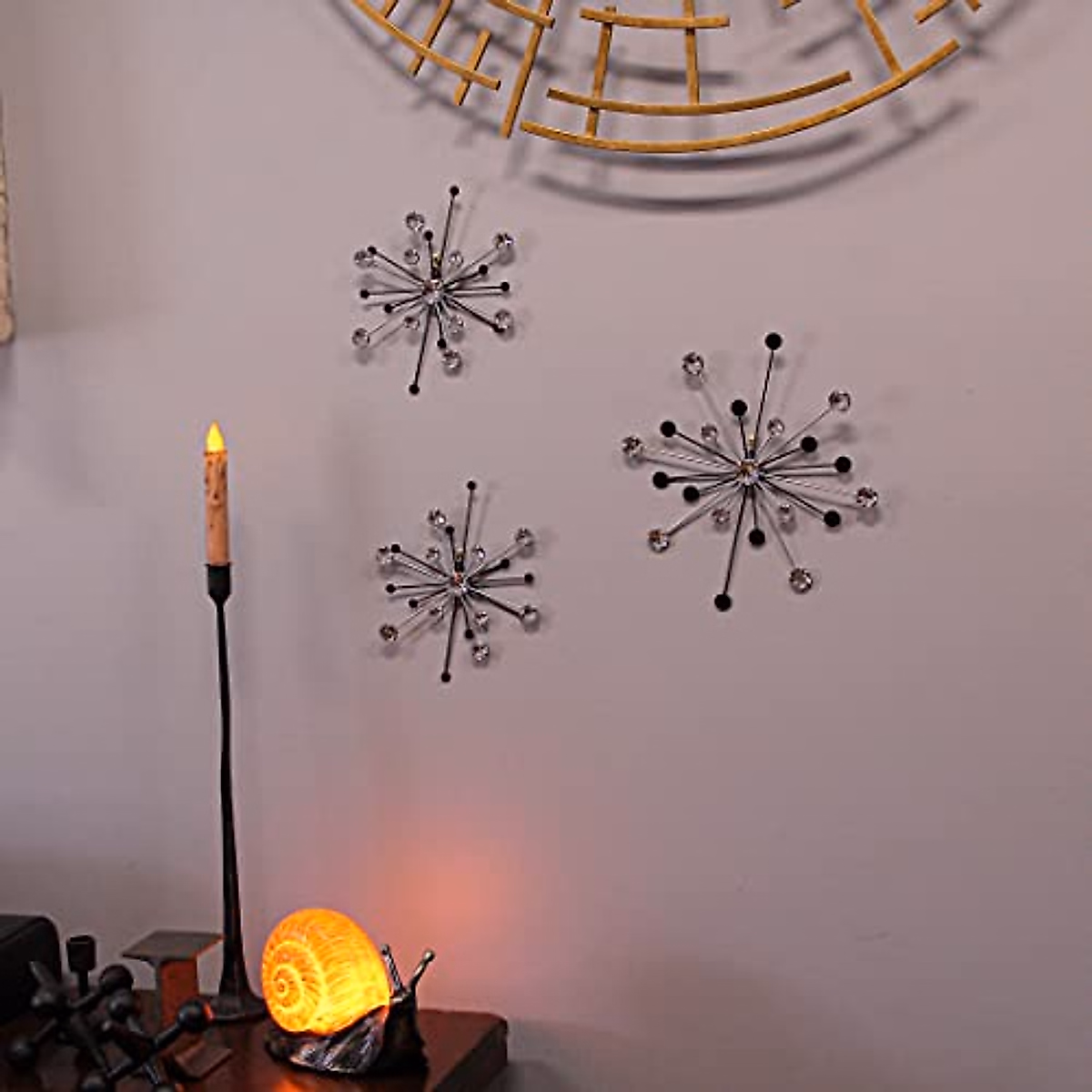 Mid-Century Modern Style Black and Silver Metal Jeweled Atomic Starburst Wall Décor Hanging Set of 3
