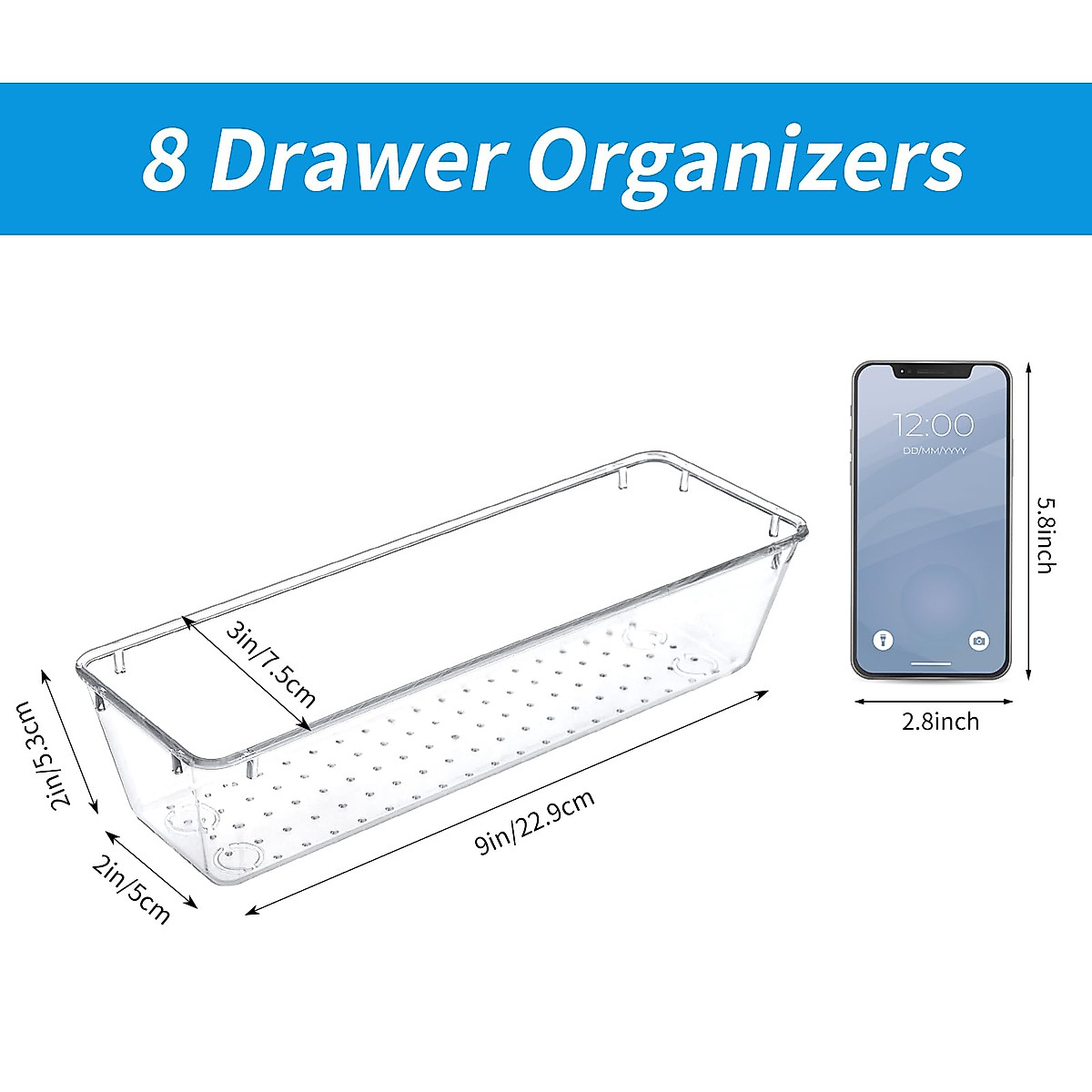 Fixwal 8 PCS Clear Drawer Organizers, 9 x 3 x 2 Plastic Rectangular Trays, Dresser Storage Bin Dividers for Cosmetics, Jewelry, Gadgets, Bathroom, Office