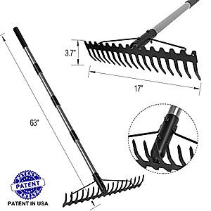 Walensee 5.4FT Bow Rake Heavy Duty Garden Rake with Stainless Steel Handle, 17 Steel Tines Metal Head Rake Tool for Loosening Soil Gathering Leaf Leveling Lawn Farming Land Management Yarn Thatch Rake