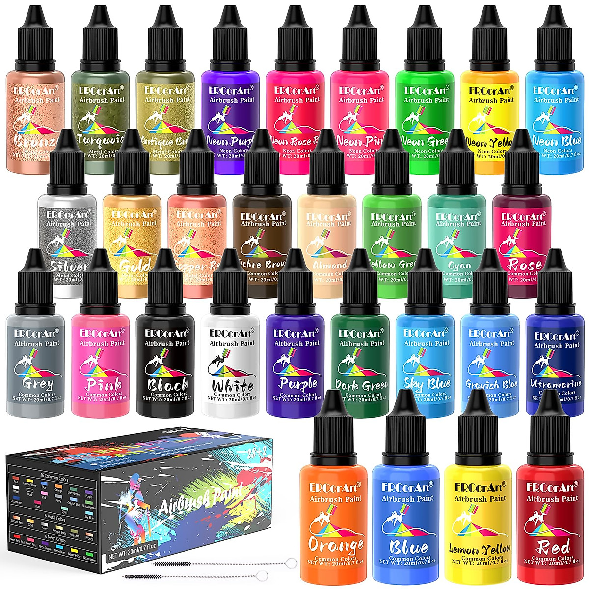 Airbrush Paint Set - 30 Colors Ready to Spray Airbrush Kit with 2 Cleaning Brush, Water Based Acrylic Air Brush Paint for Metal, Plastic Models, Artists - 0.7fl oz