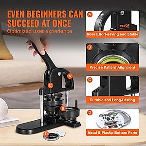 VEVOR Button Maker, 1/1.25/2.28 inch(25/32/58mm) 3-in-1 Pin Maker with 300pcs Button Parts, Ergonomic Arc Handle Punch Press Kit, Button Maker Machine with Panda Magic Book, for Children DIY Gifts