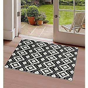 Uphome Indoor Outdoor Doormat 2’x3’ Boho Cotton Area Rug Hand Woven Moroccan Geometric Throw Rugs Machine Washable Farmhouse Rug Carpet for Entryway Porch Living Room Laundry Kitchen,Black and Cream