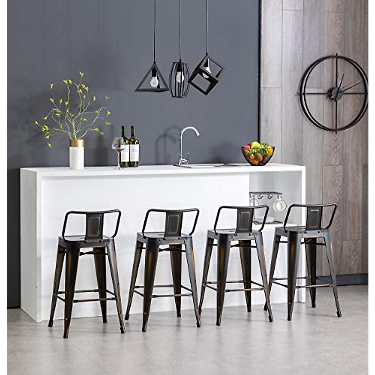 HAOBO Home Modern Industrial Metal Barstools Distressed Bar Stools Counter Height Stools [Set of 4] (24" Low Back Distressed Golden)