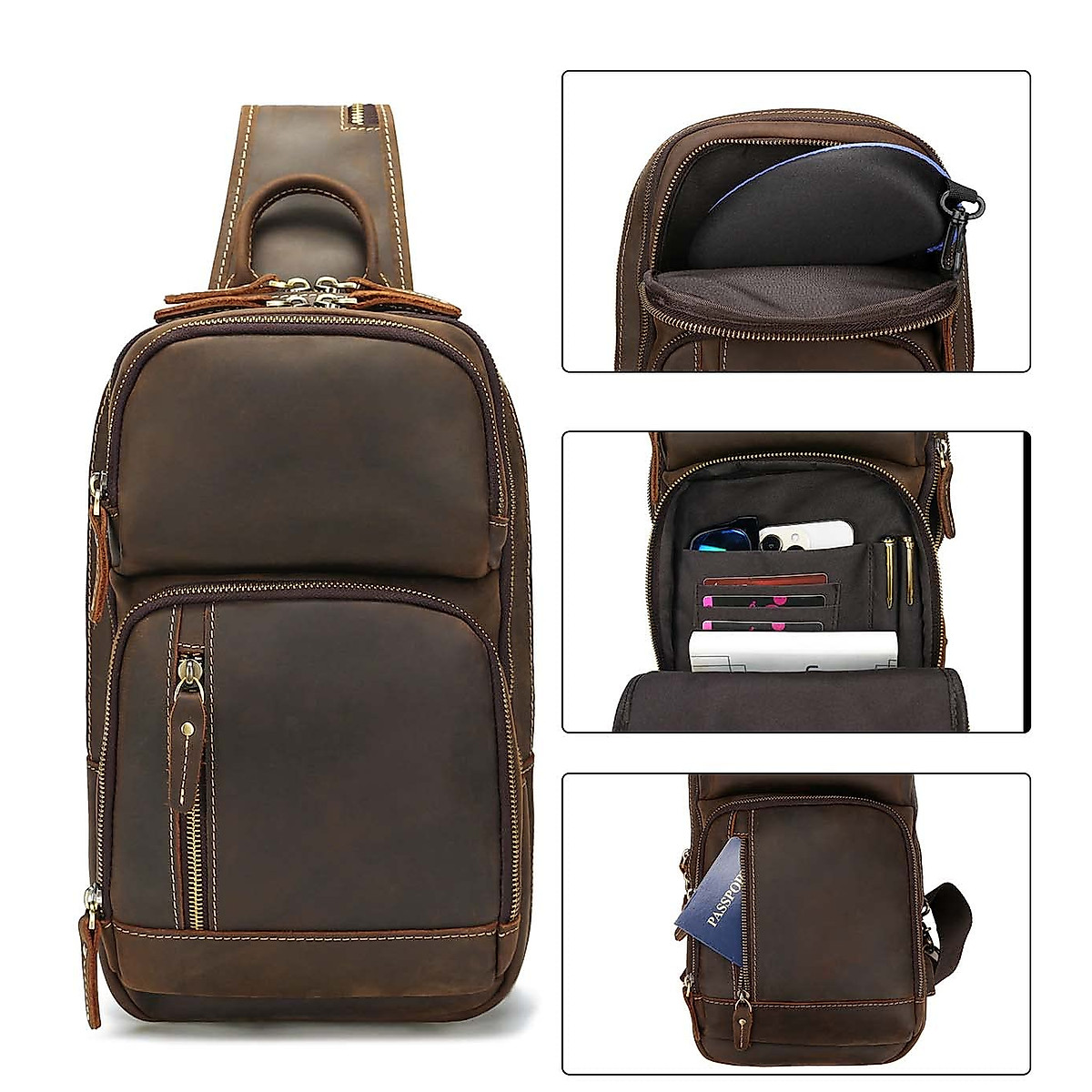 Lannsyne Small Vintage Leather Sling Bag For Men Crossbody Chest Daypack fits 10.5" iPad