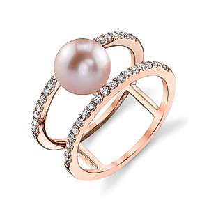 The Pearl Source 7-8mm Genuine Pink Freshwater Cultured Pearl Rose Gold Luna Ring for Women