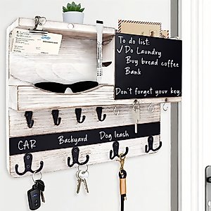 Farmhouse Key and Mail Holder for Wall Decorative, Rustic Mail and Key Organizer for Wall with Different Hooks, Chalkboard, Key Holder Wall Mount with Shelf, Basket, Clips(Pine Wood, White Washed)