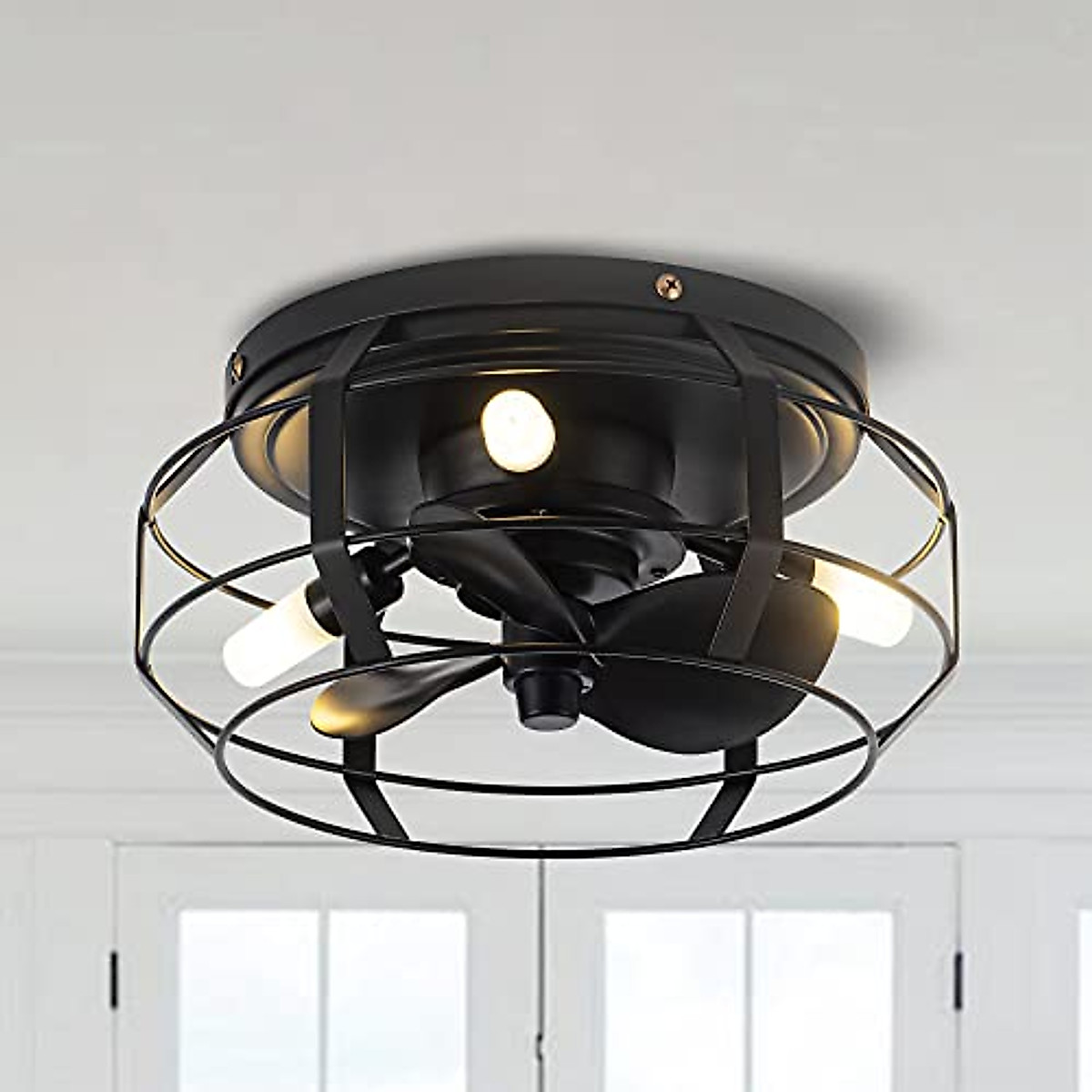 Parrot Uncle Ceiling Fans with Lights and Remote Black Low Profile Ceiling Fan with Light Small Caged Ceiling Fan for Bedroom Bathroom, 12 Inch